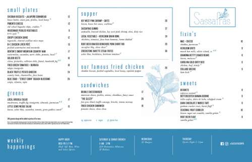 Sassafras menu in West Palm Beach, Florida, USA
