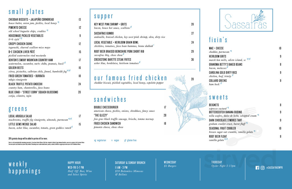 Sassafras menu in West Palm Beach, Florida, USA