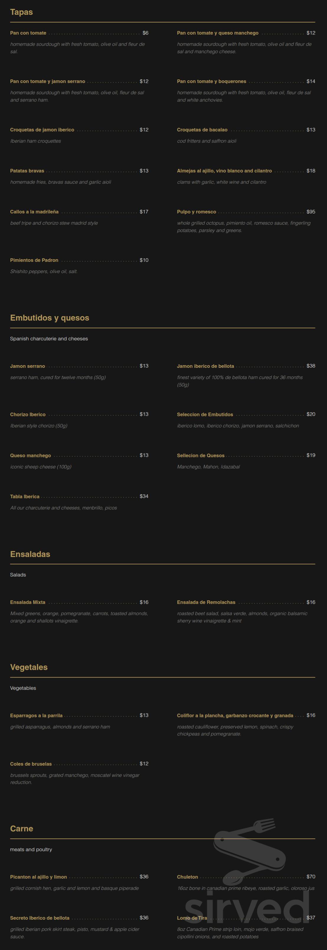 Bar Catalina menus in Mississauga, Ontario, Canada