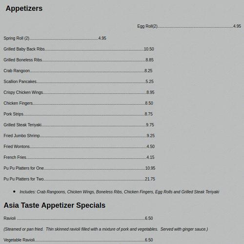 Asia Taste Cafe & Grille menu in Peabody, Massachusetts, USA