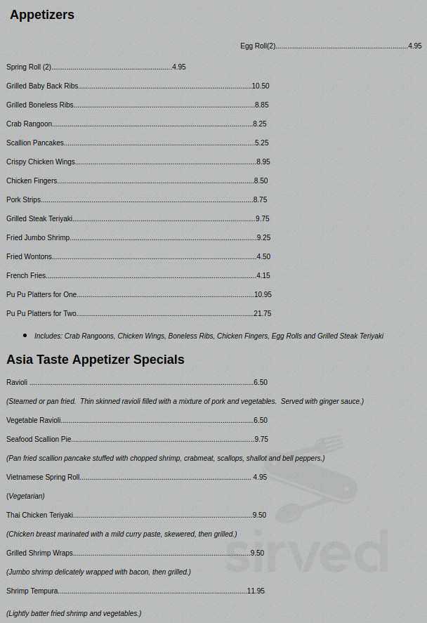 Menu for Asia Taste Cafe & Grille in Peabody, MA | Sirved