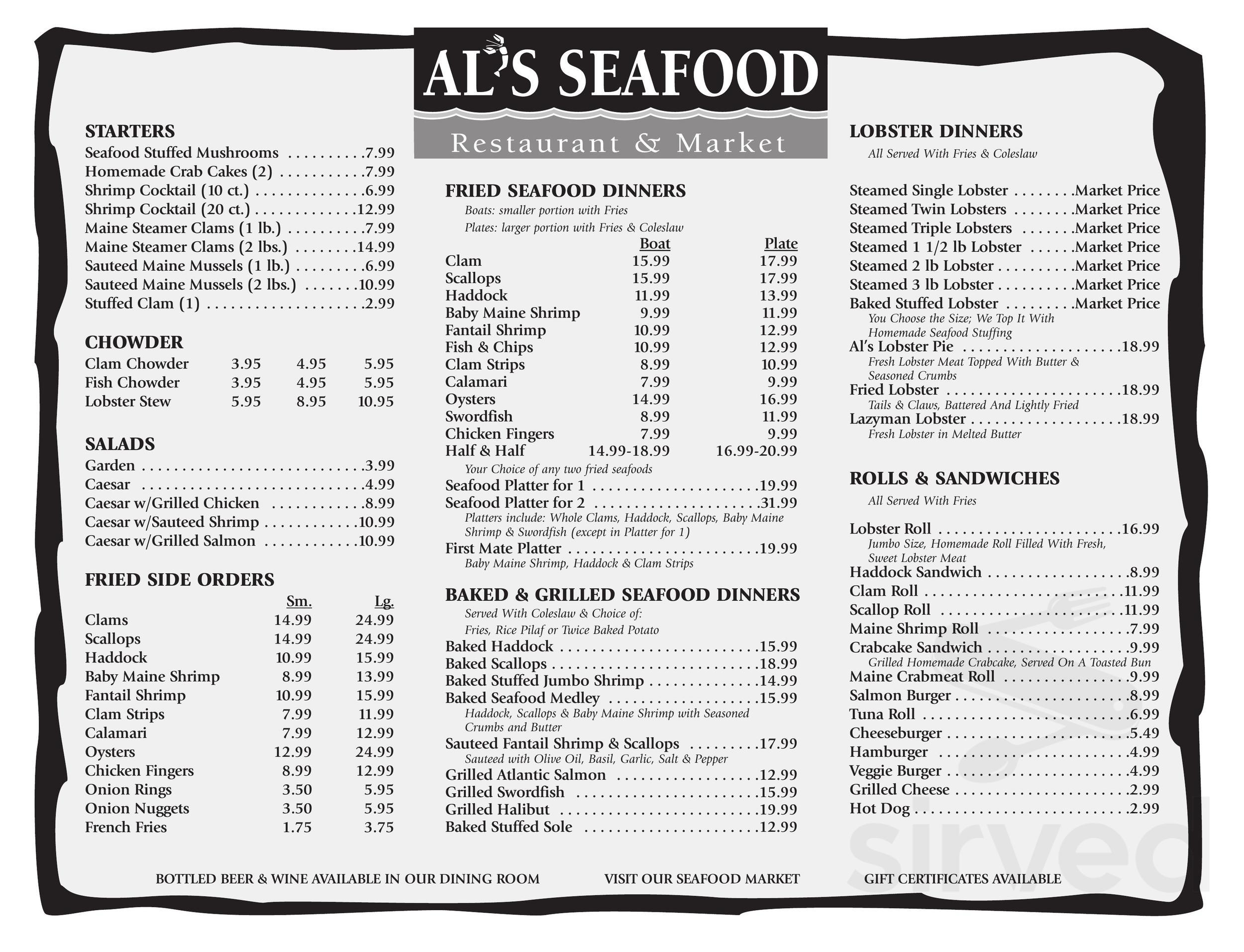 Menu for Al's Seafood in North Hampton, NH | Sirved