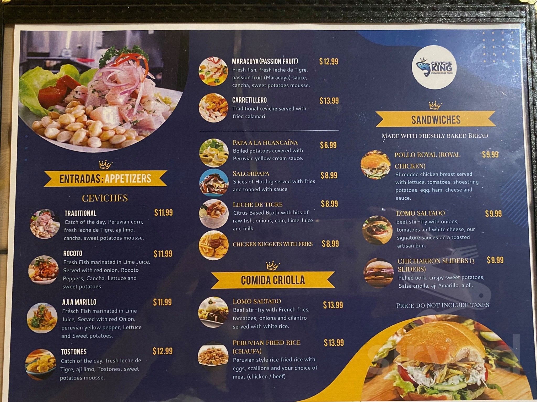 CEVICHE KING PERUVIAN FOOD TRUCK menu in Tampa, Florida, USA