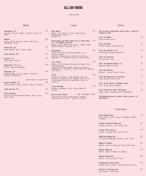 Pink Cactus Charleston menu in Charleston, South Carolina, USA