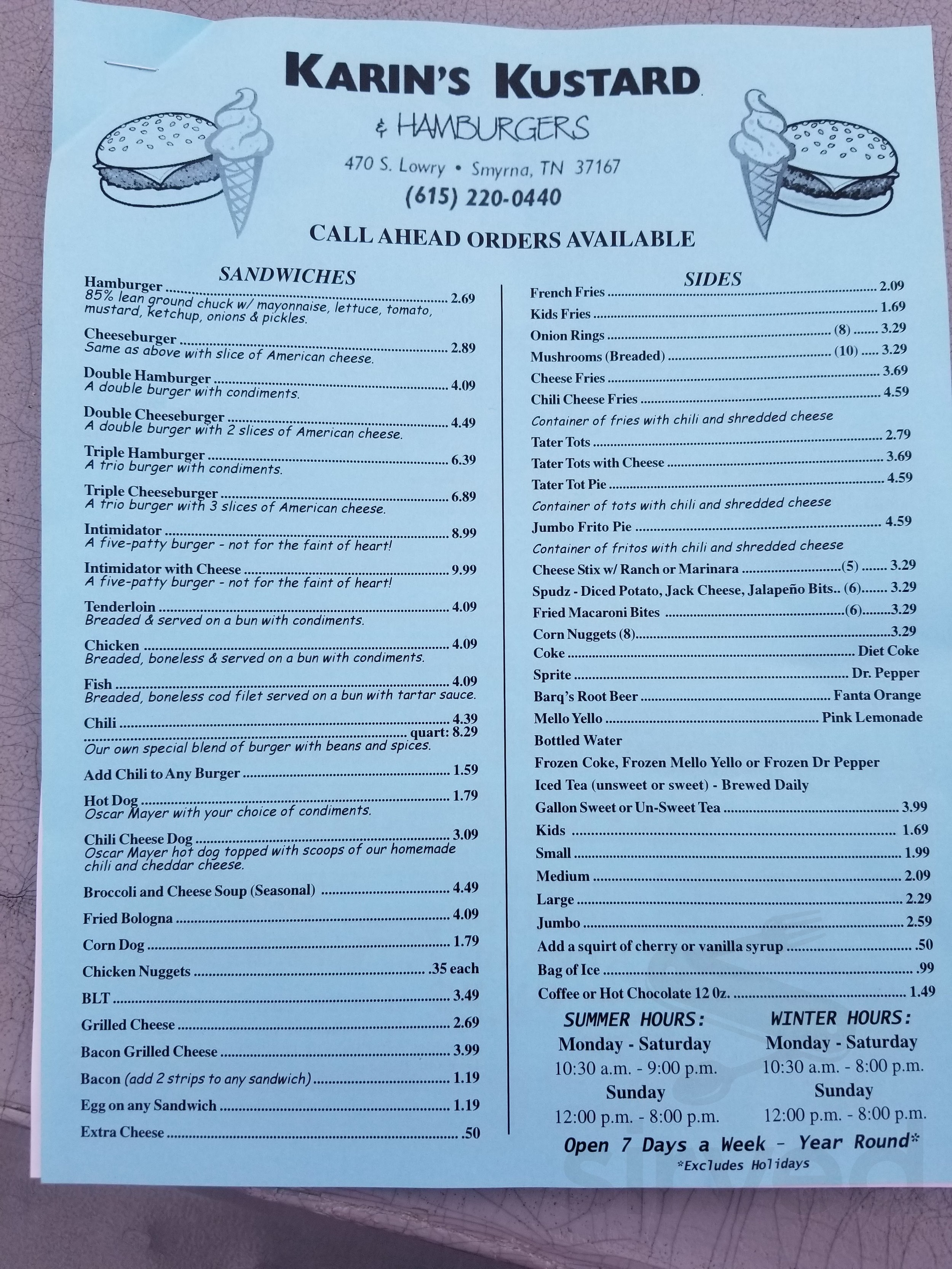 Karin's Kustard & Hamburgers menu in Smyrna, Tennessee, USA