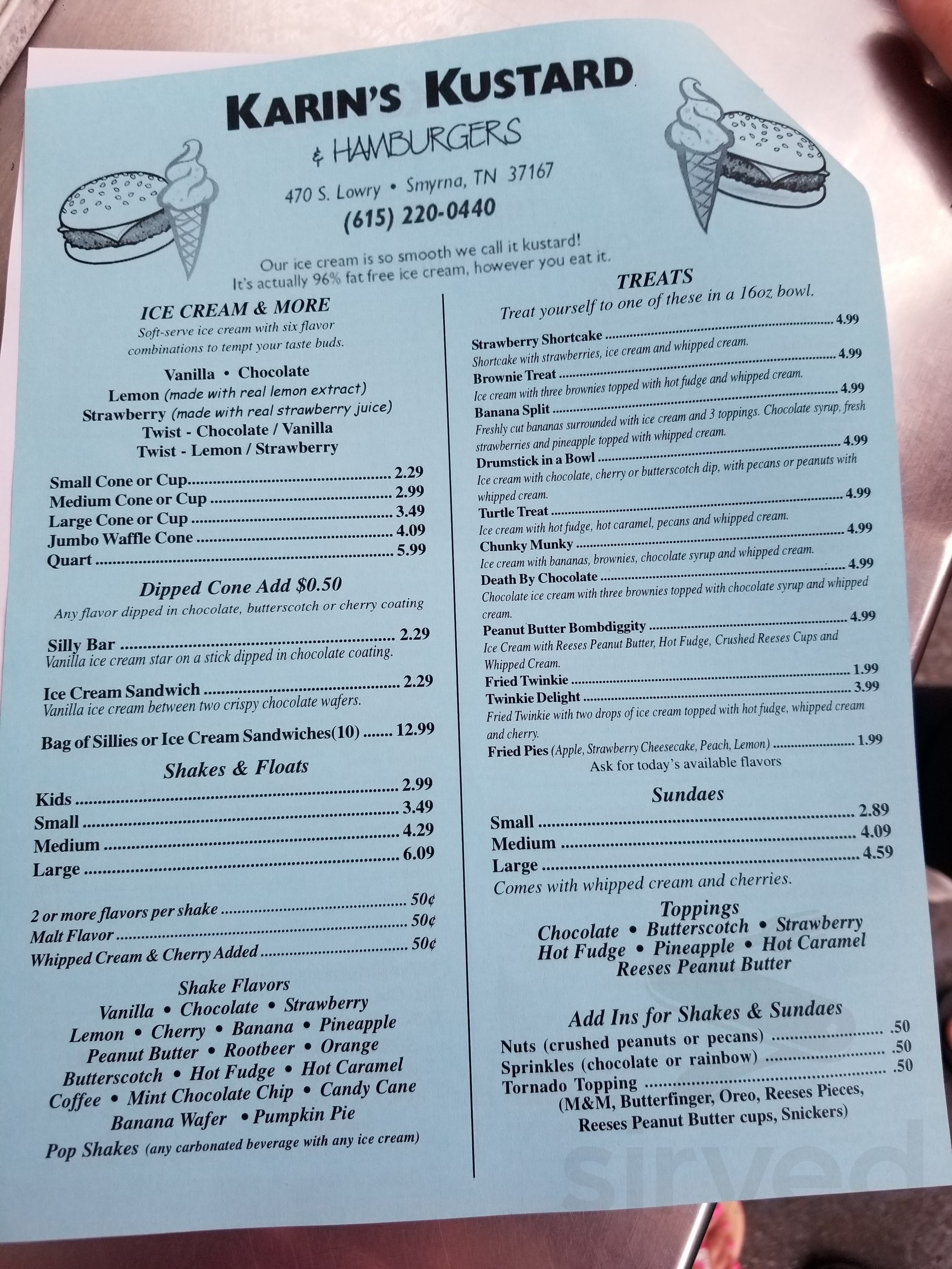 Karin's Kustard & Hamburgers menu in Smyrna, Tennessee, USA