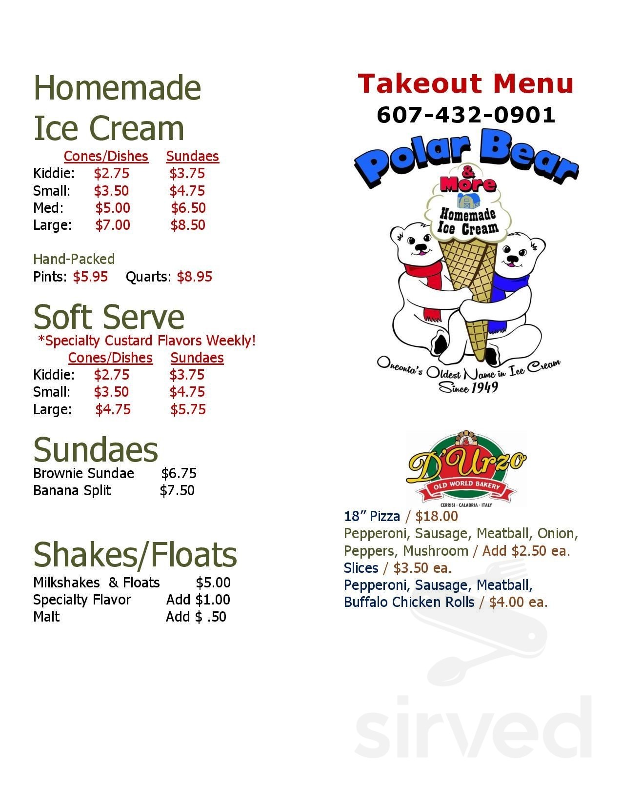 Polar Bear Homemade Ice Cream & More menu in Oneonta, New York, USA
