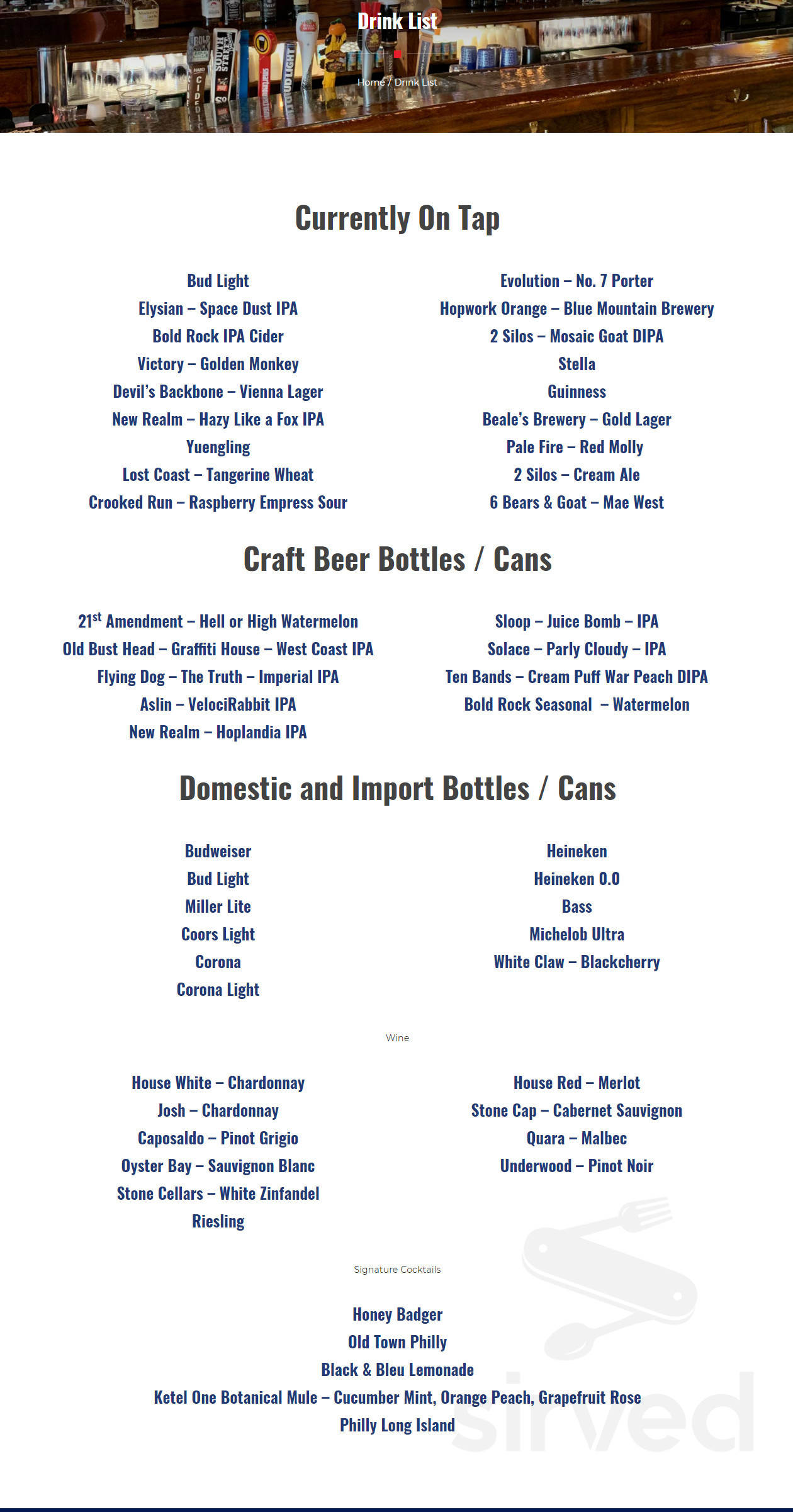 Philadelphia Tavern menu in Manassas, Virginia, USA