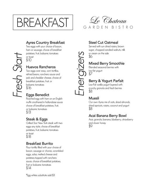 Le Chateau Garden Bistro menu in Costa Mesa, California, USA