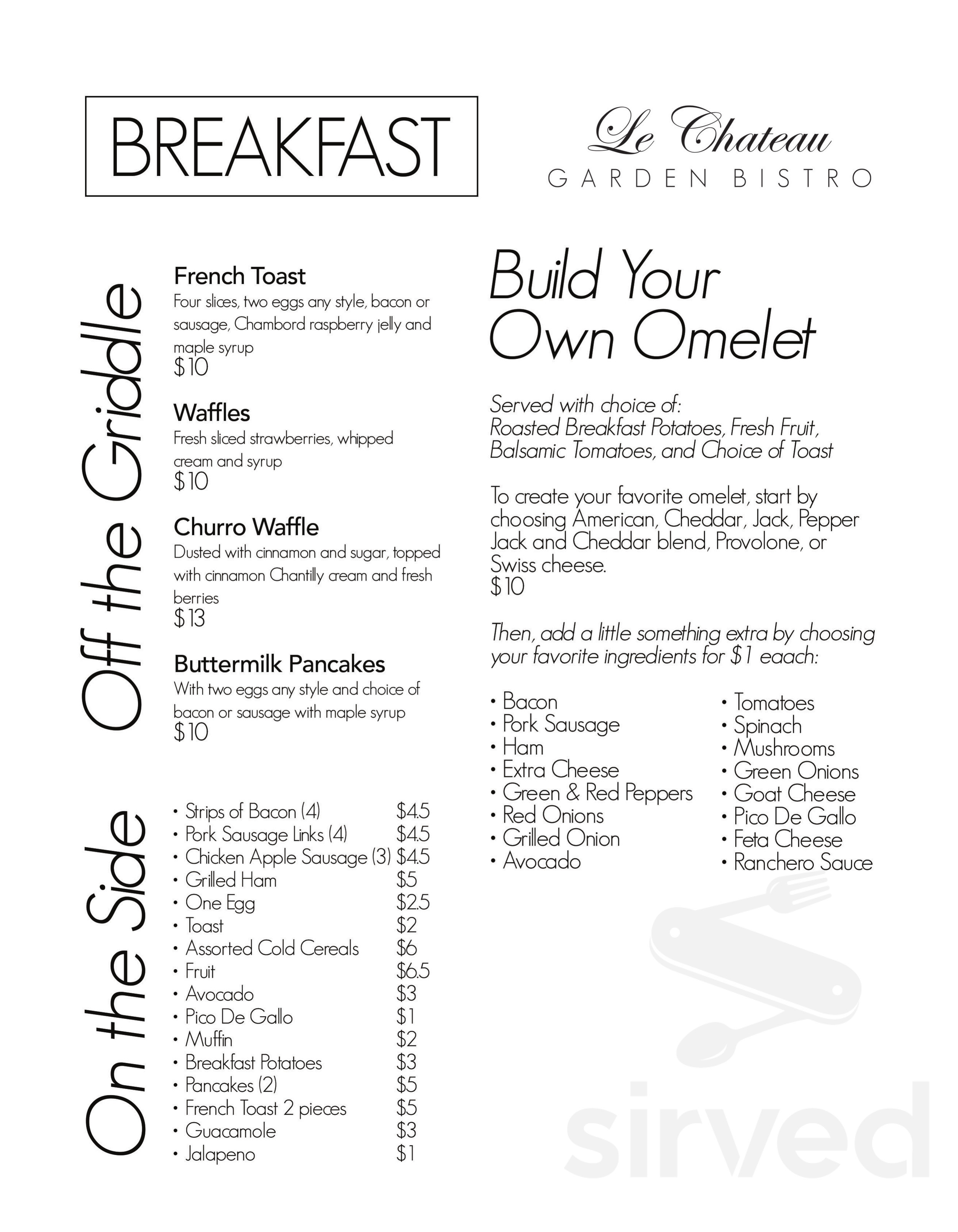 Le Chateau Garden Bistro menu in Costa Mesa, California, USA