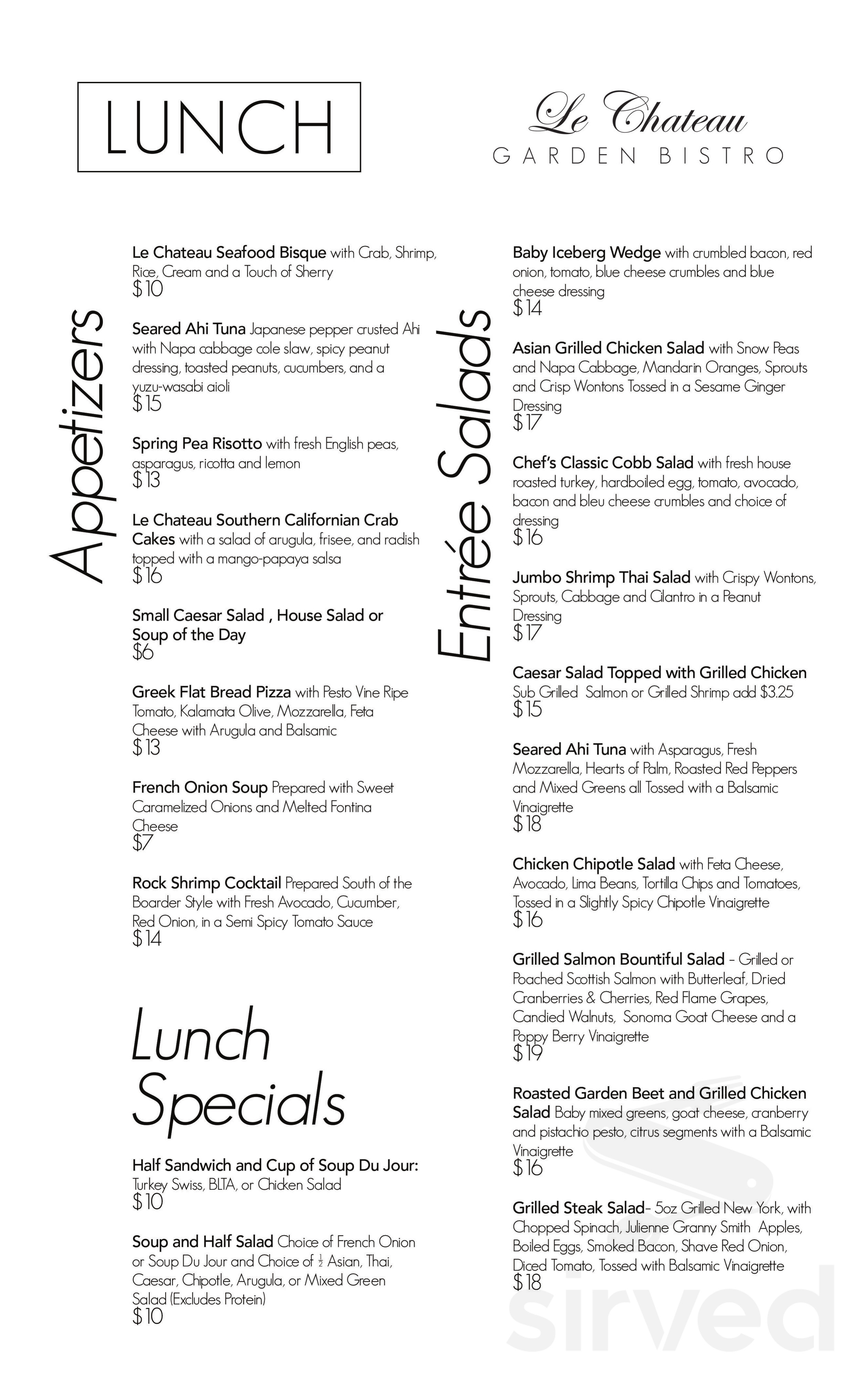 Le Chateau Garden Bistro menu in Costa Mesa, California, USA