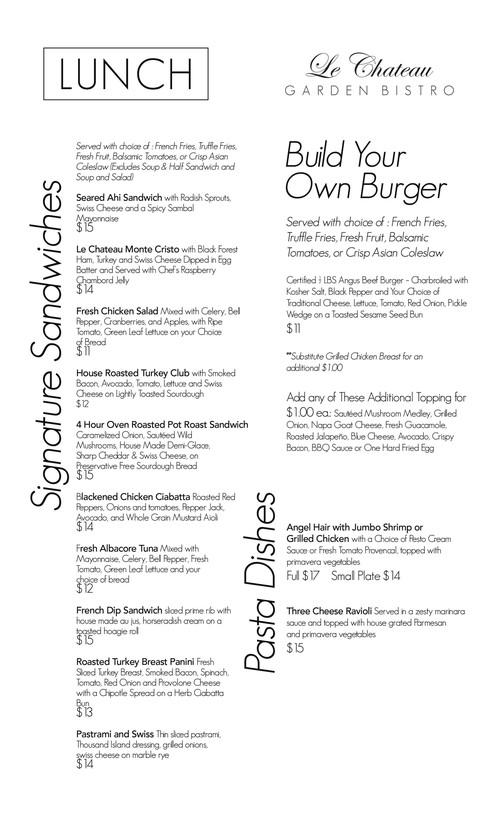 Le Chateau Garden Bistro menu in Costa Mesa, California, USA
