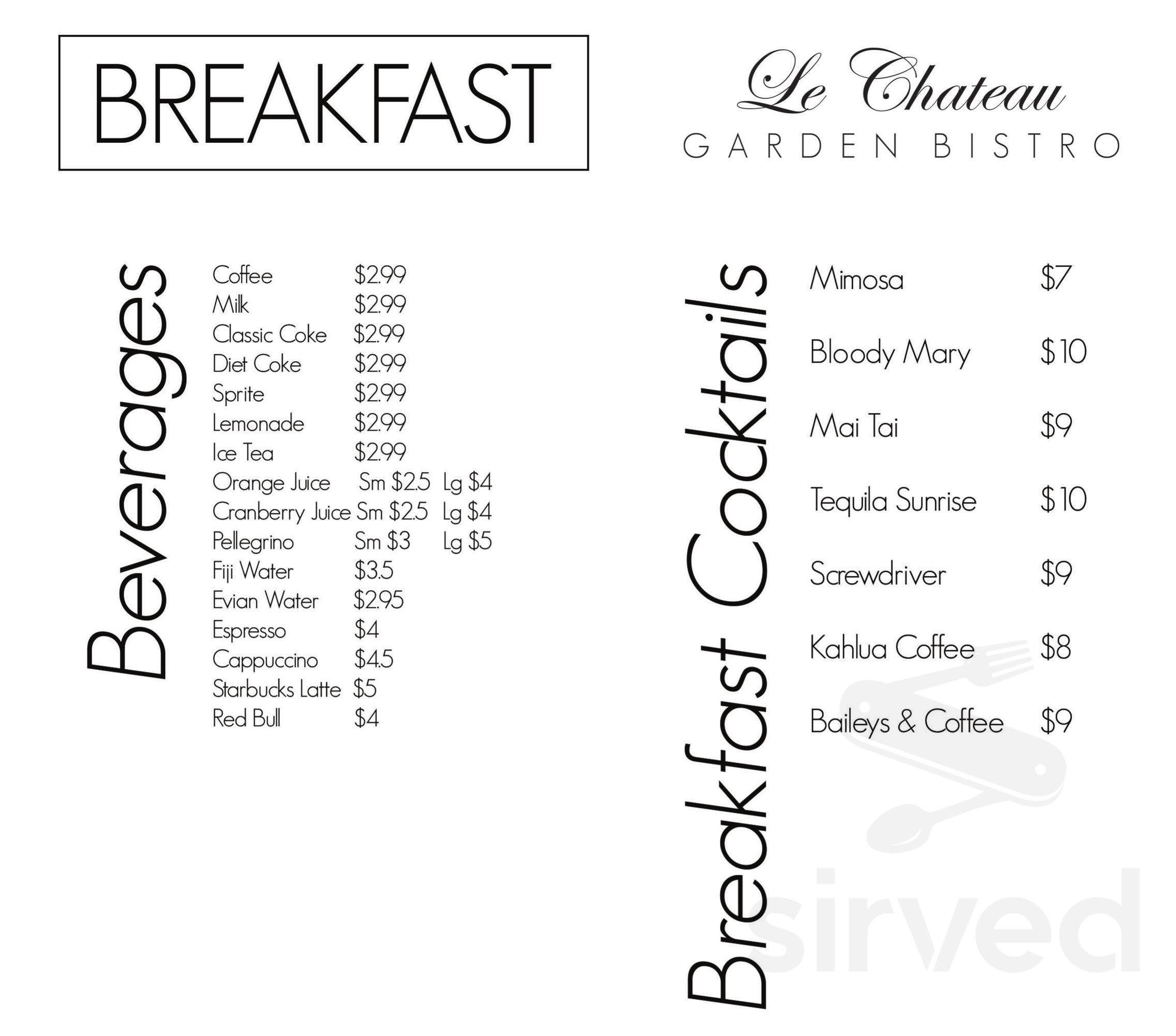 Le Chateau Garden Bistro menu in Costa Mesa, California, USA