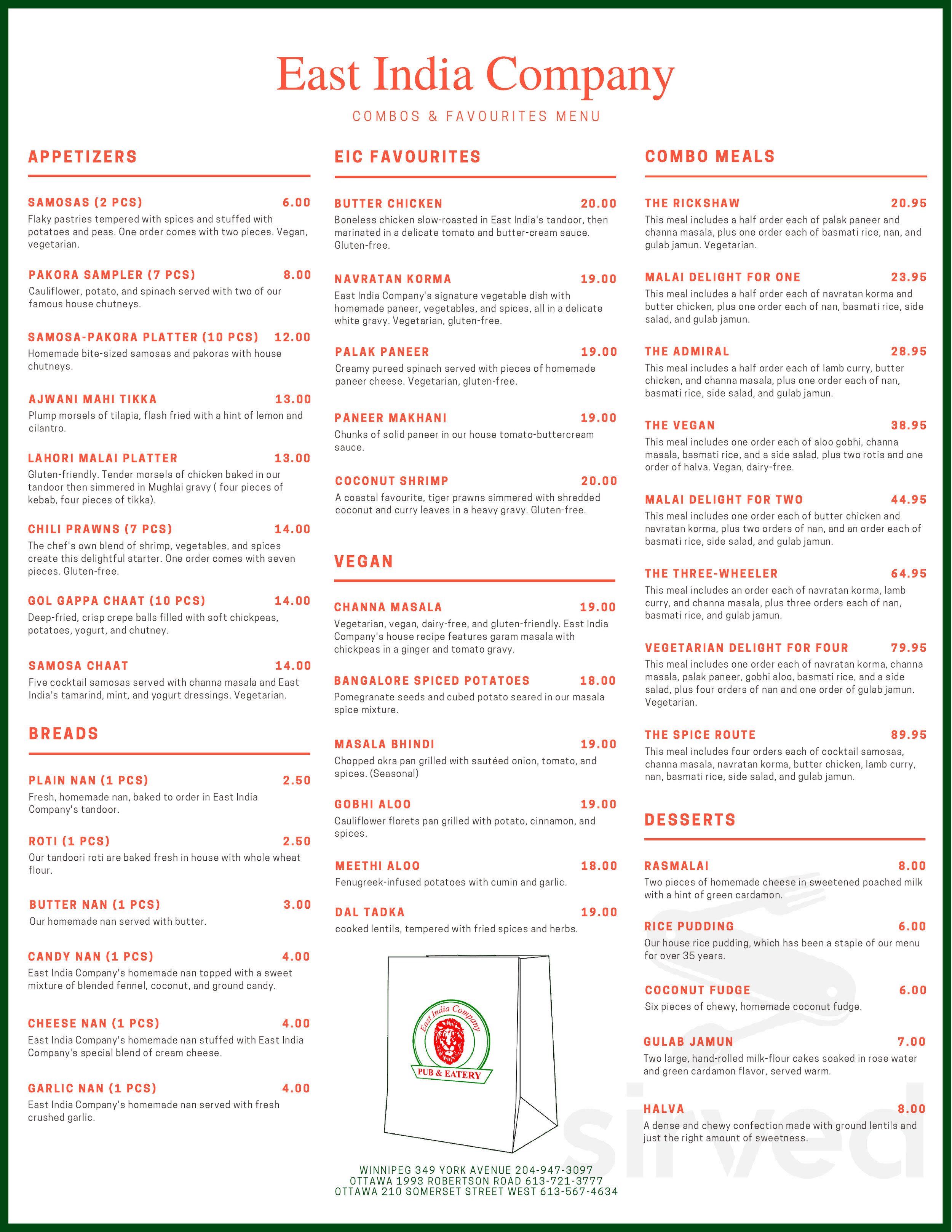 East India Company Pub & Eatery menu in Winnipeg, Manitoba, Canada