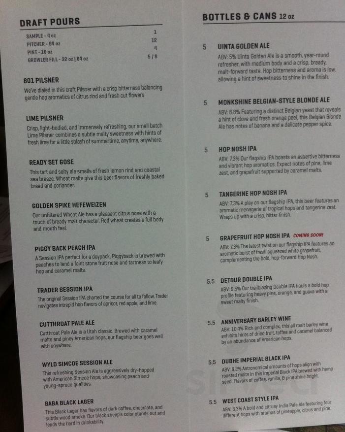 Uinta Brewing Company menus in Salt Lake City, Utah, United States