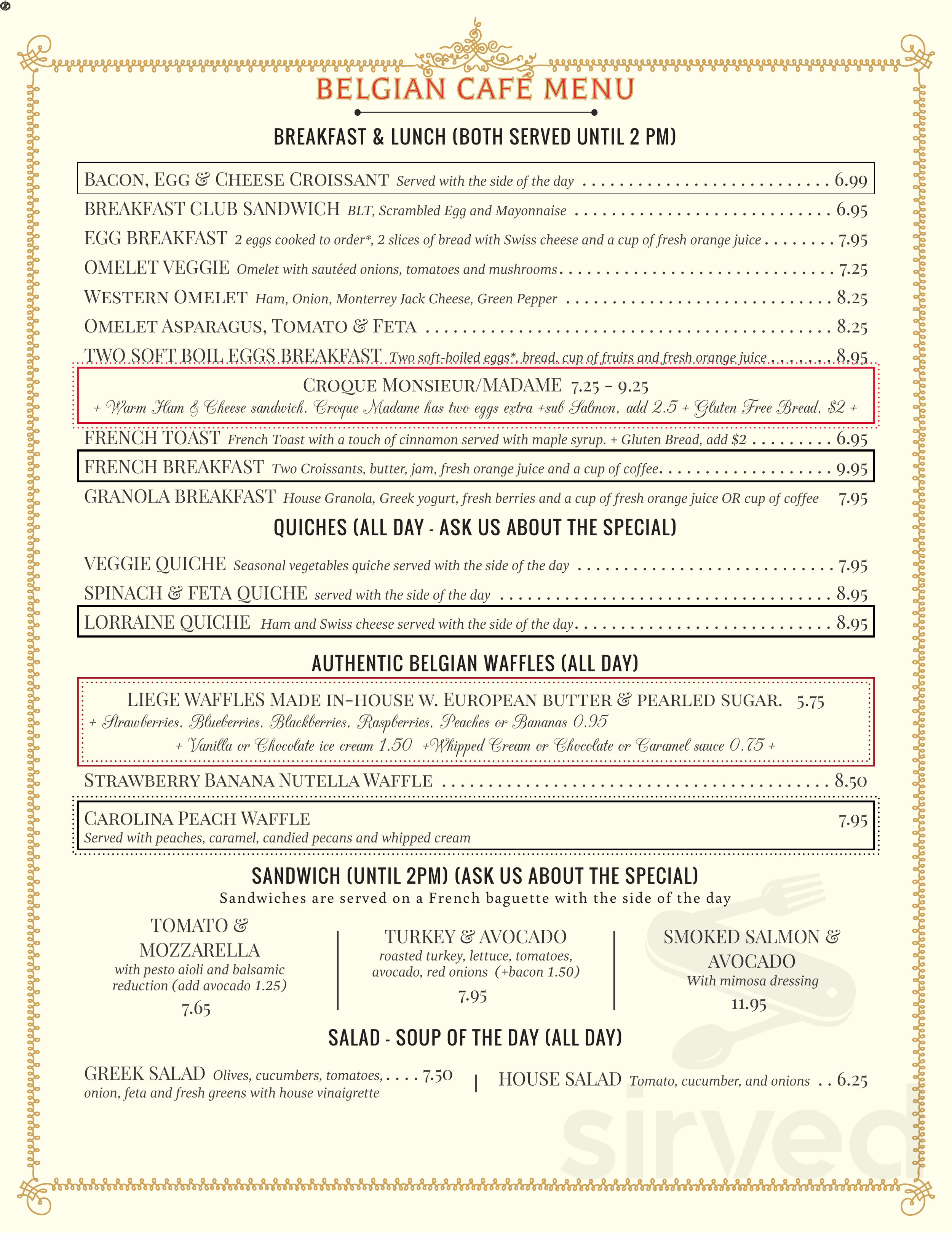 Belgian Cafe menu in Apex, North Carolina, USA