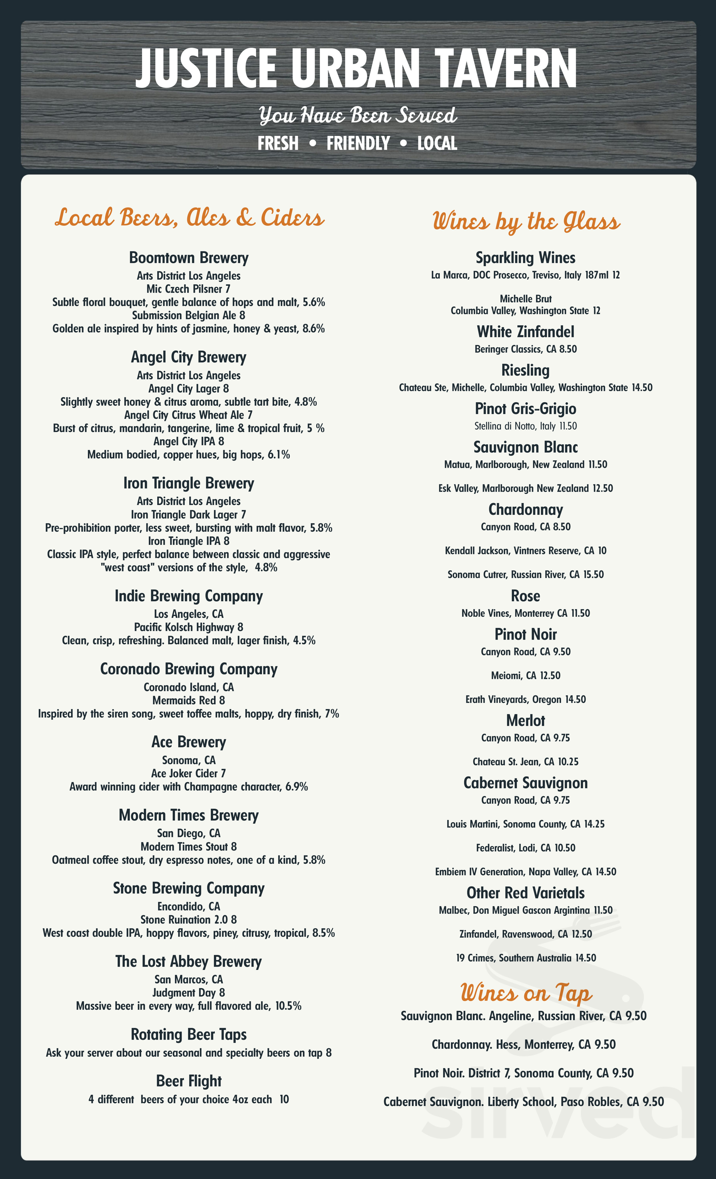 Justice Urban Tavern menu in Los Angeles, California, USA