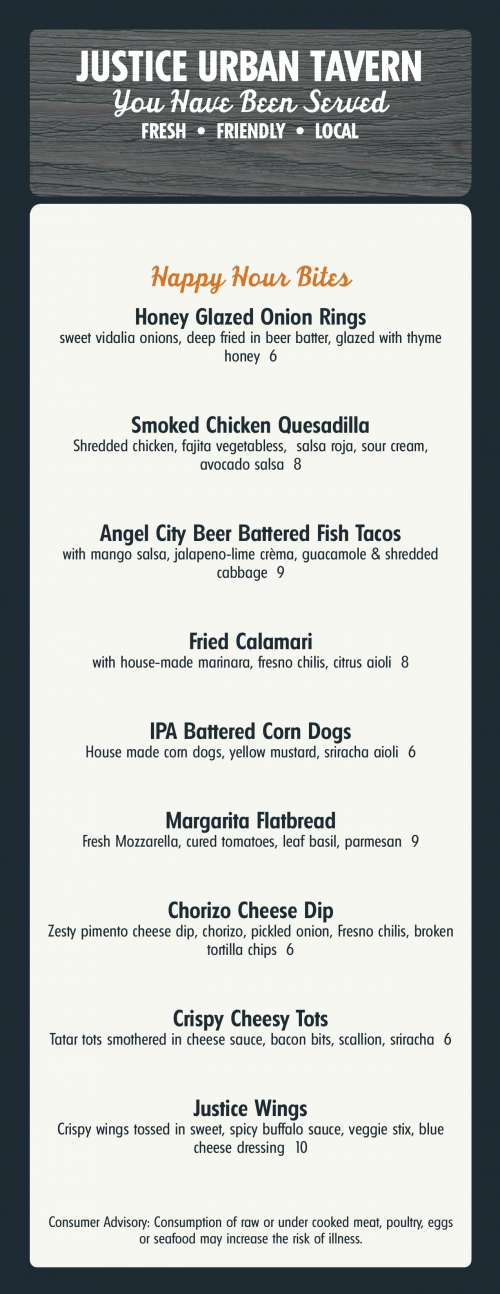 Justice Urban Tavern menu in Los Angeles, California, USA