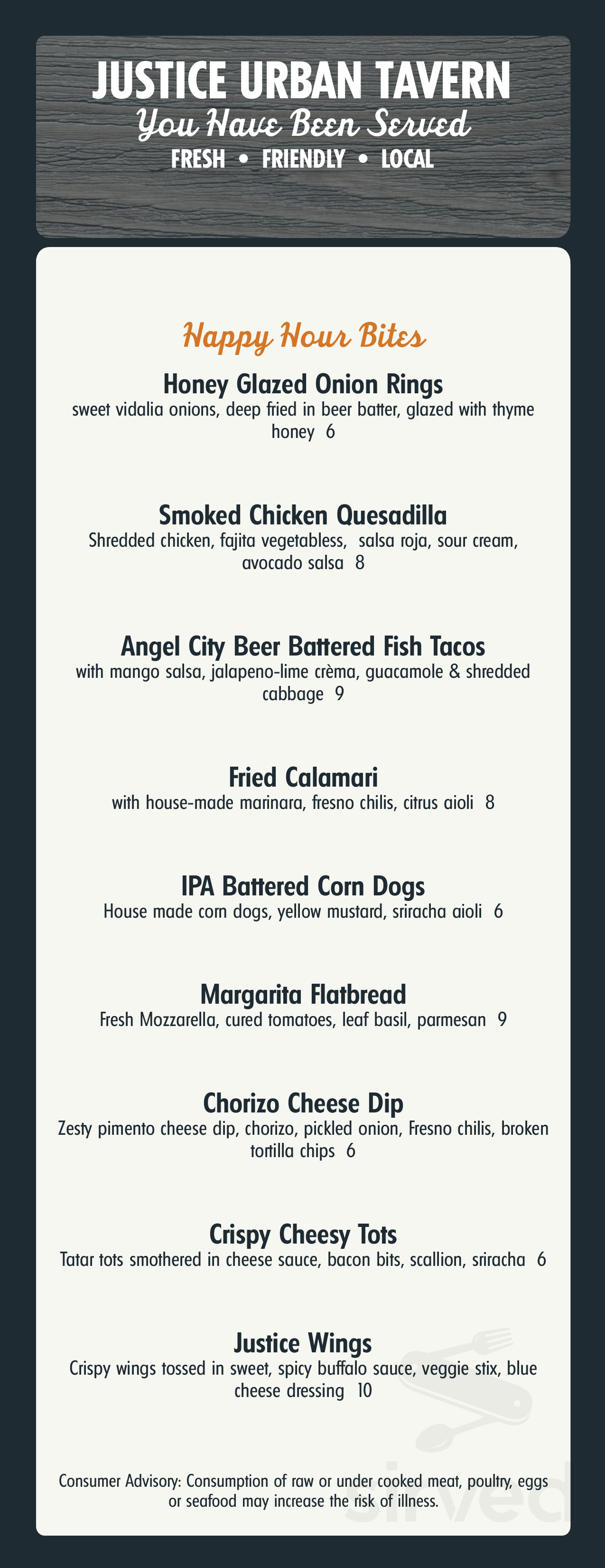 Justice Urban Tavern menus in Los Angeles, California, United States