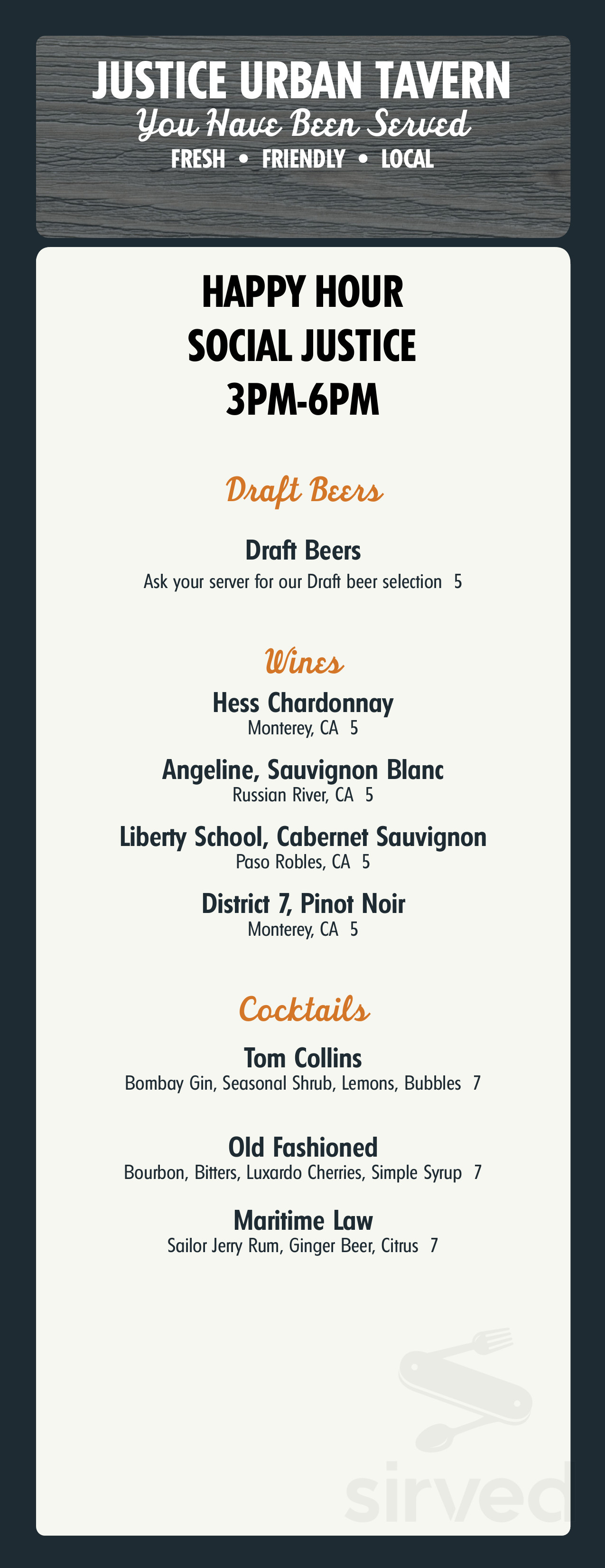 Justice Urban Tavern menus in Los Angeles, California, United States