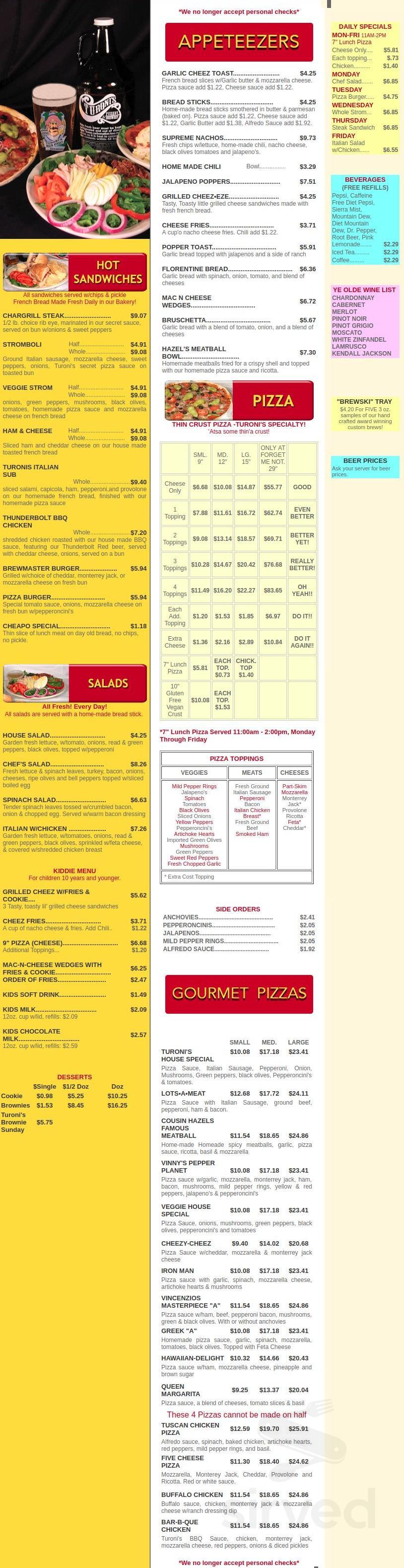 Menu for Turoni's Pizzery & Brewery - Evansville, IN | Sirved