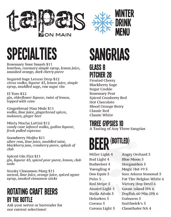 Tapas On Main menu in Bethlehem, Pennsylvania, USA