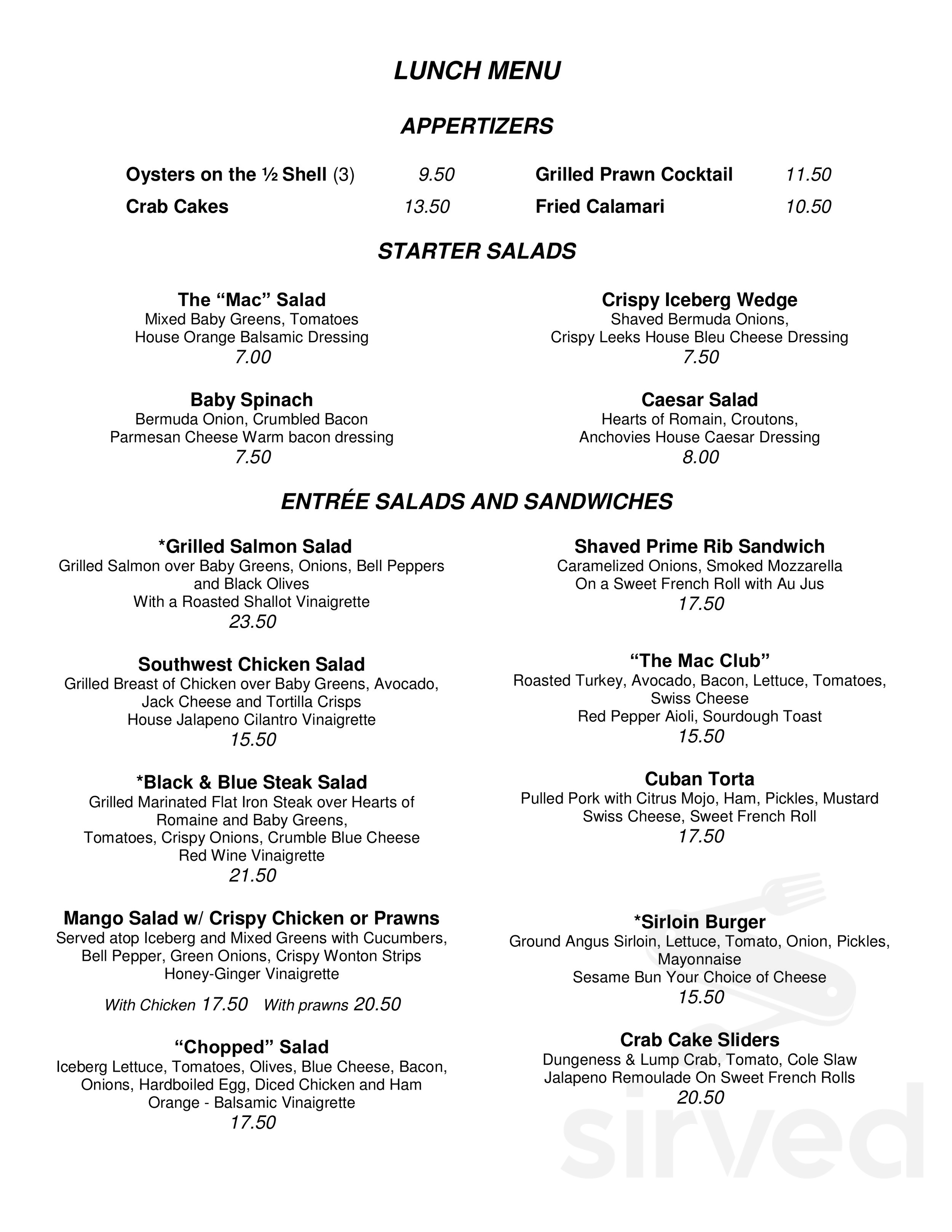 Menu for Hotel Mac Restaurant in Richmond, California, United States