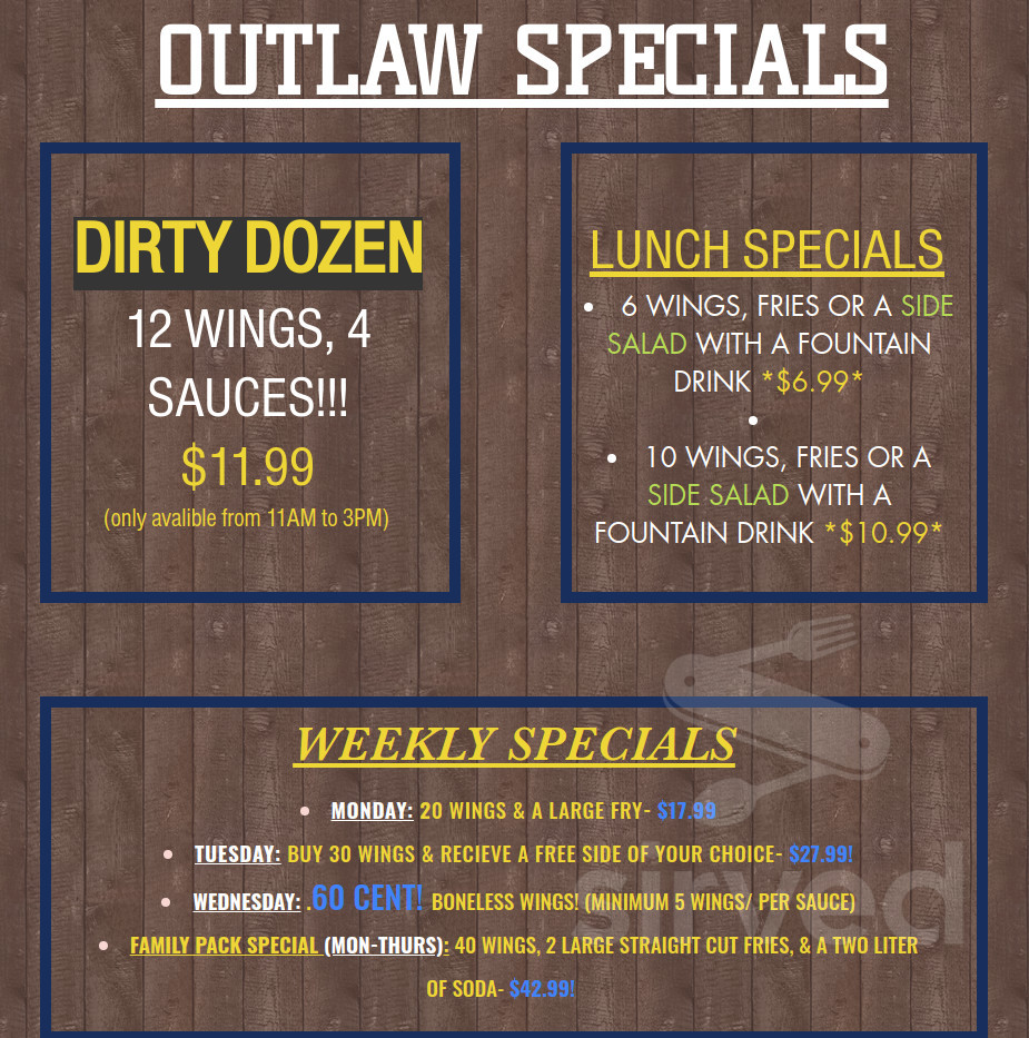 Menu for Outlaw Wings in Broomfield, CO | Sirved