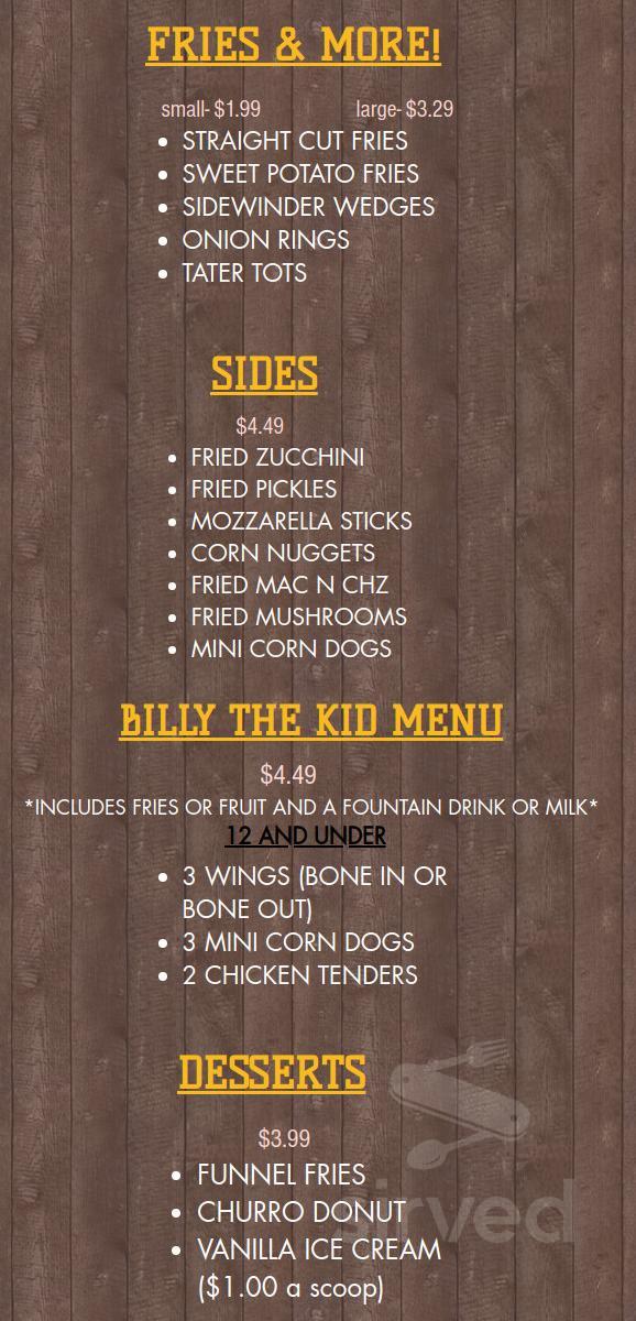 Outlaw Wings menu in Broomfield, Colorado, USA