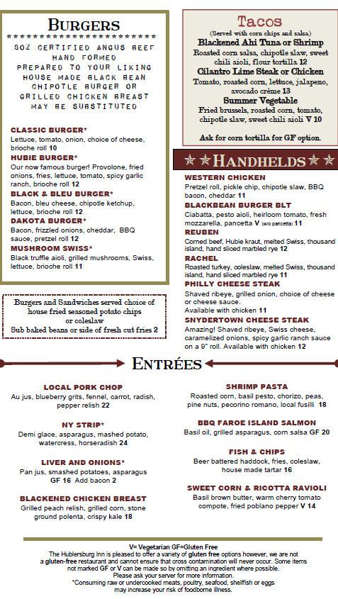 Hublersburg Inn menu in Hublersburg, Pennsylvania, USA