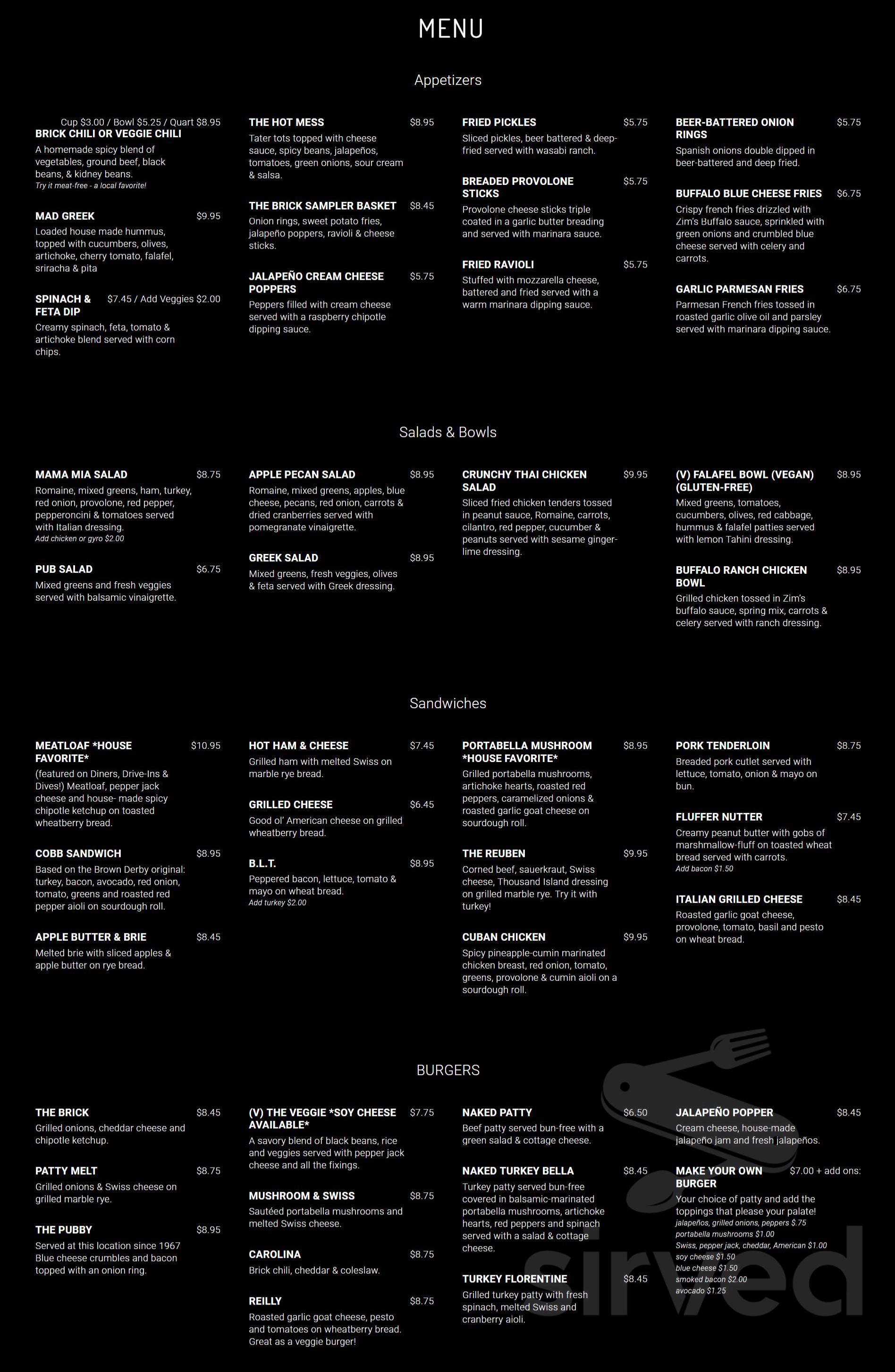 The Brick menus in Kansas City, Missouri, United States