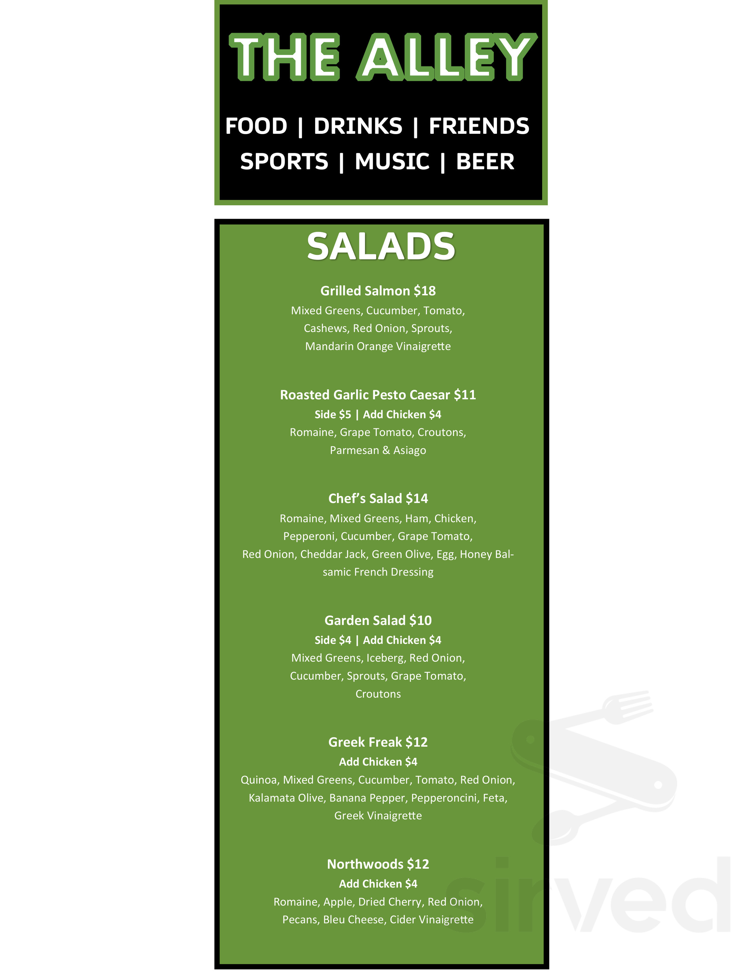 The Alley menu in Ashland, Wisconsin, USA
