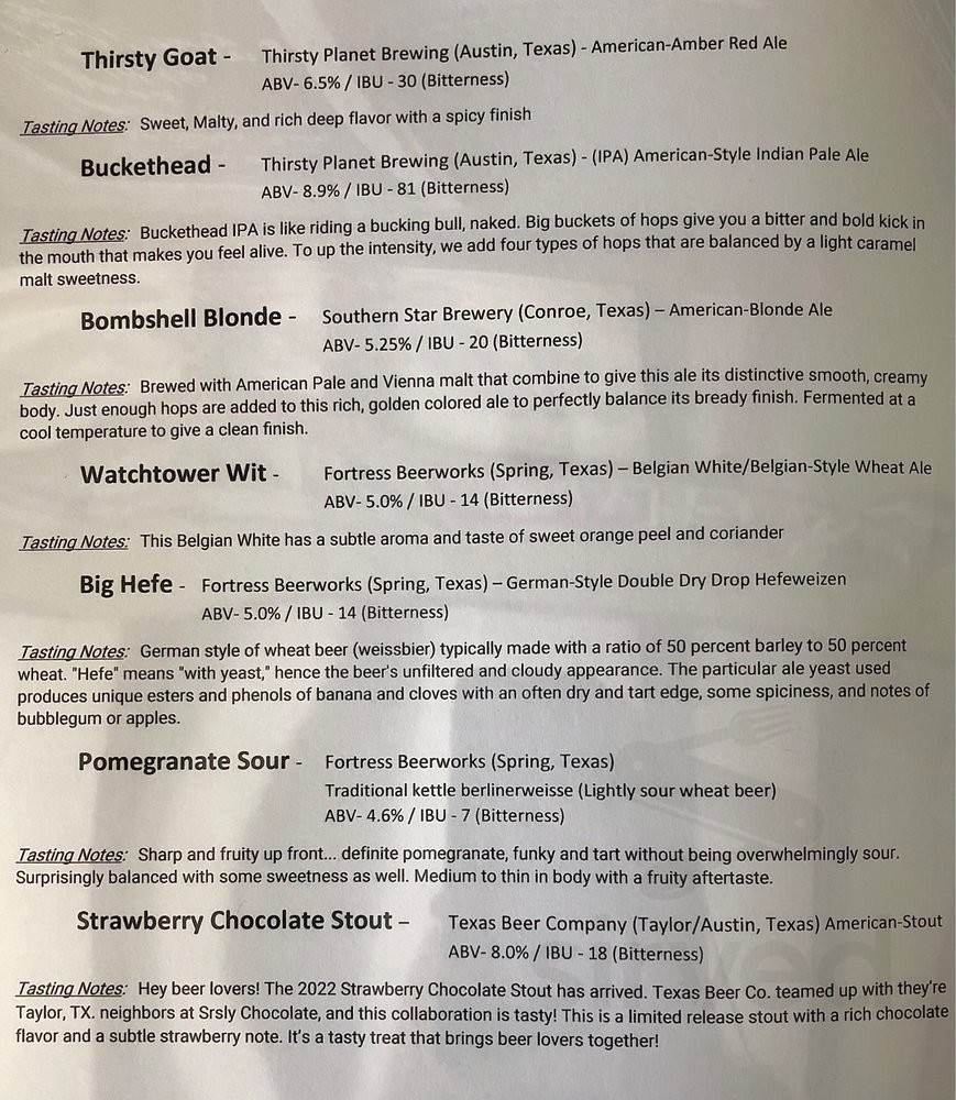 Old Oak Taphouse menu in Plantersville, Texas, USA