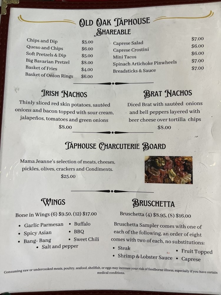 Old Oak Taphouse menu in Plantersville, Texas, USA