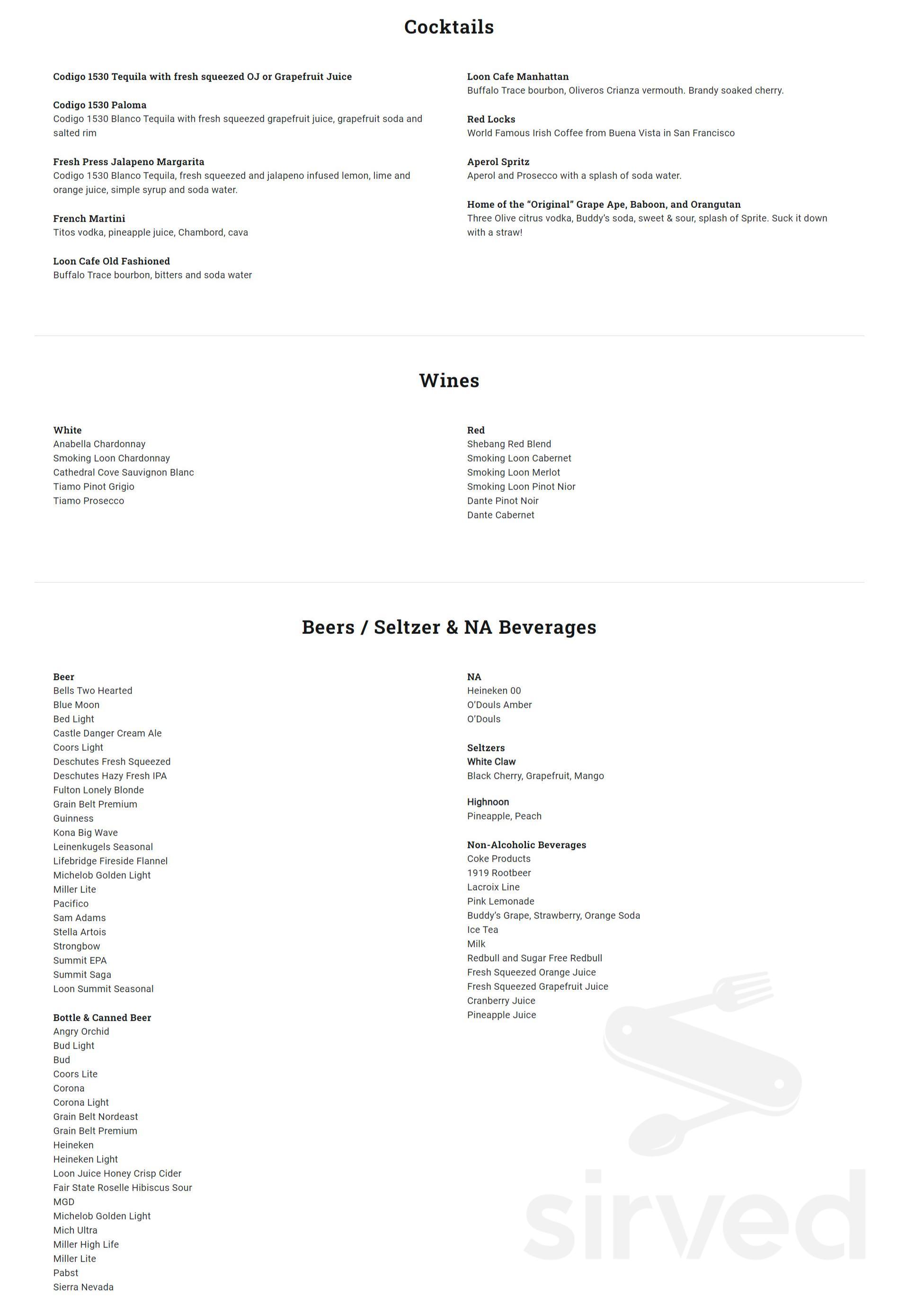 Menu for The Loon Cafe in Minneapolis, Minnesota, United States