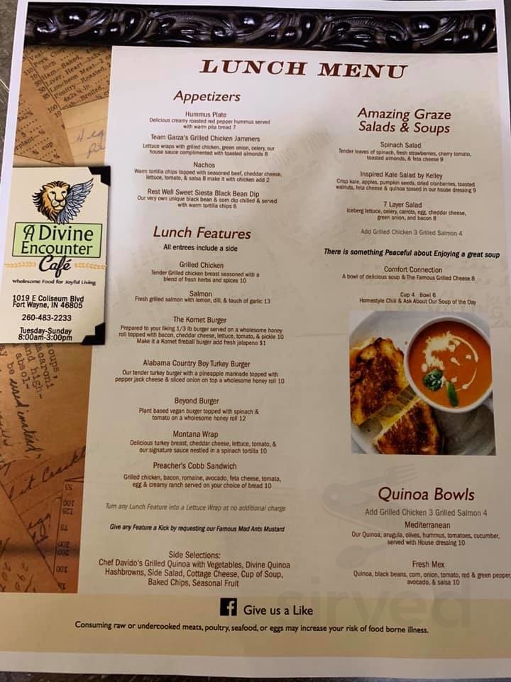 Menu - Fort Wayne IN's A Divine Encounter Café | Sirved