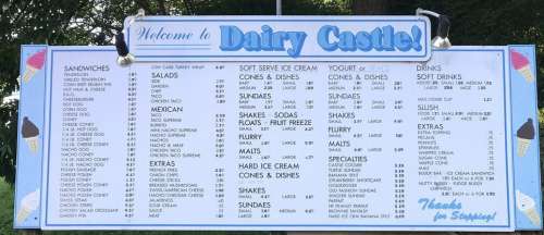 Dairy Castle menu in Greencastle, Indiana, USA