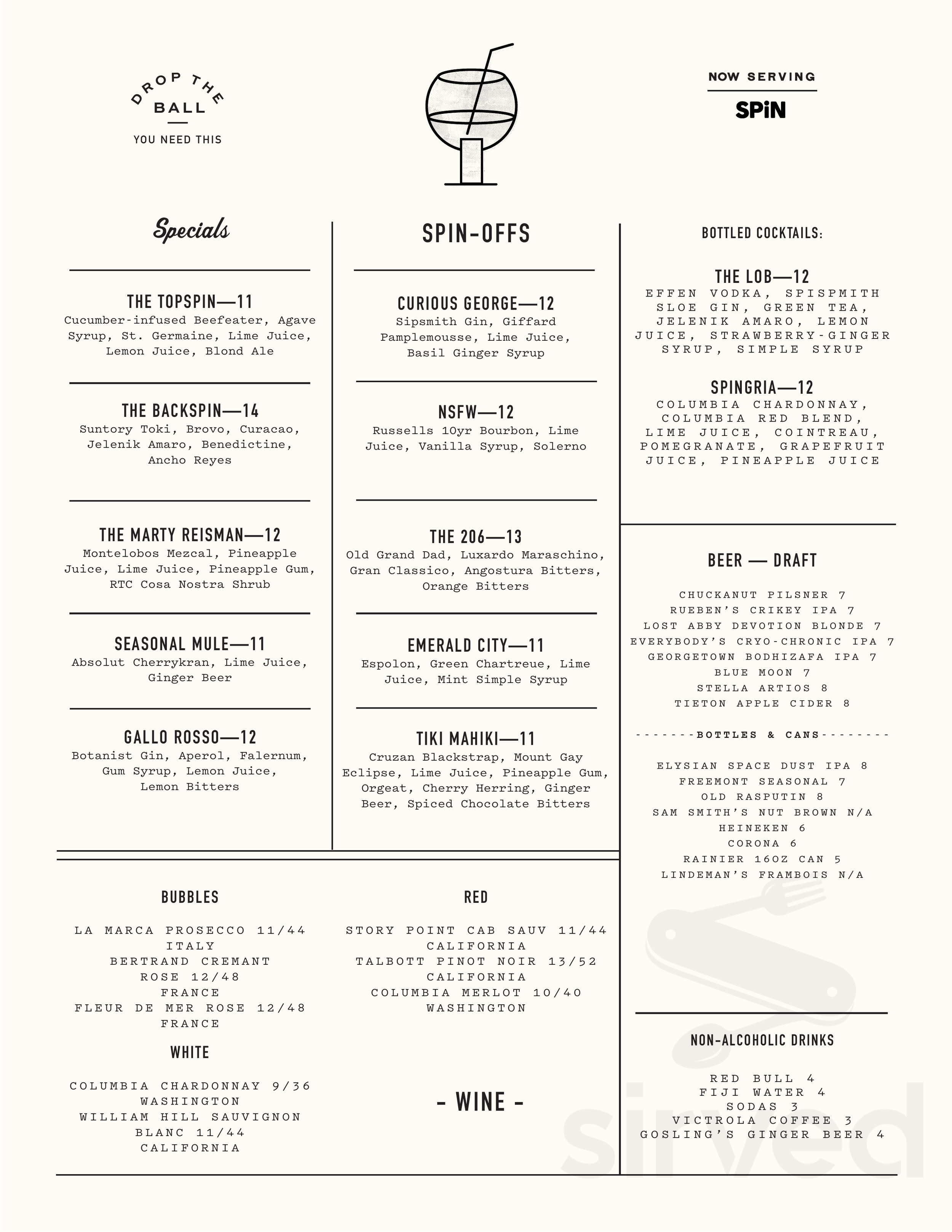 SPIN Seattle menu in Seattle, Washington, USA
