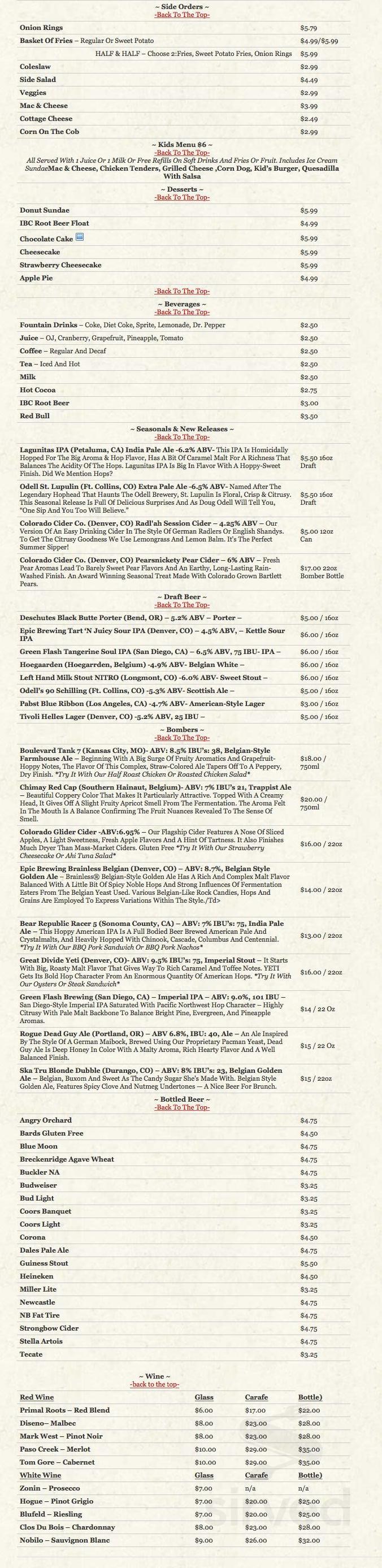 Menu - Edgewater CO's Sloan's Bar & Grill | Sirved