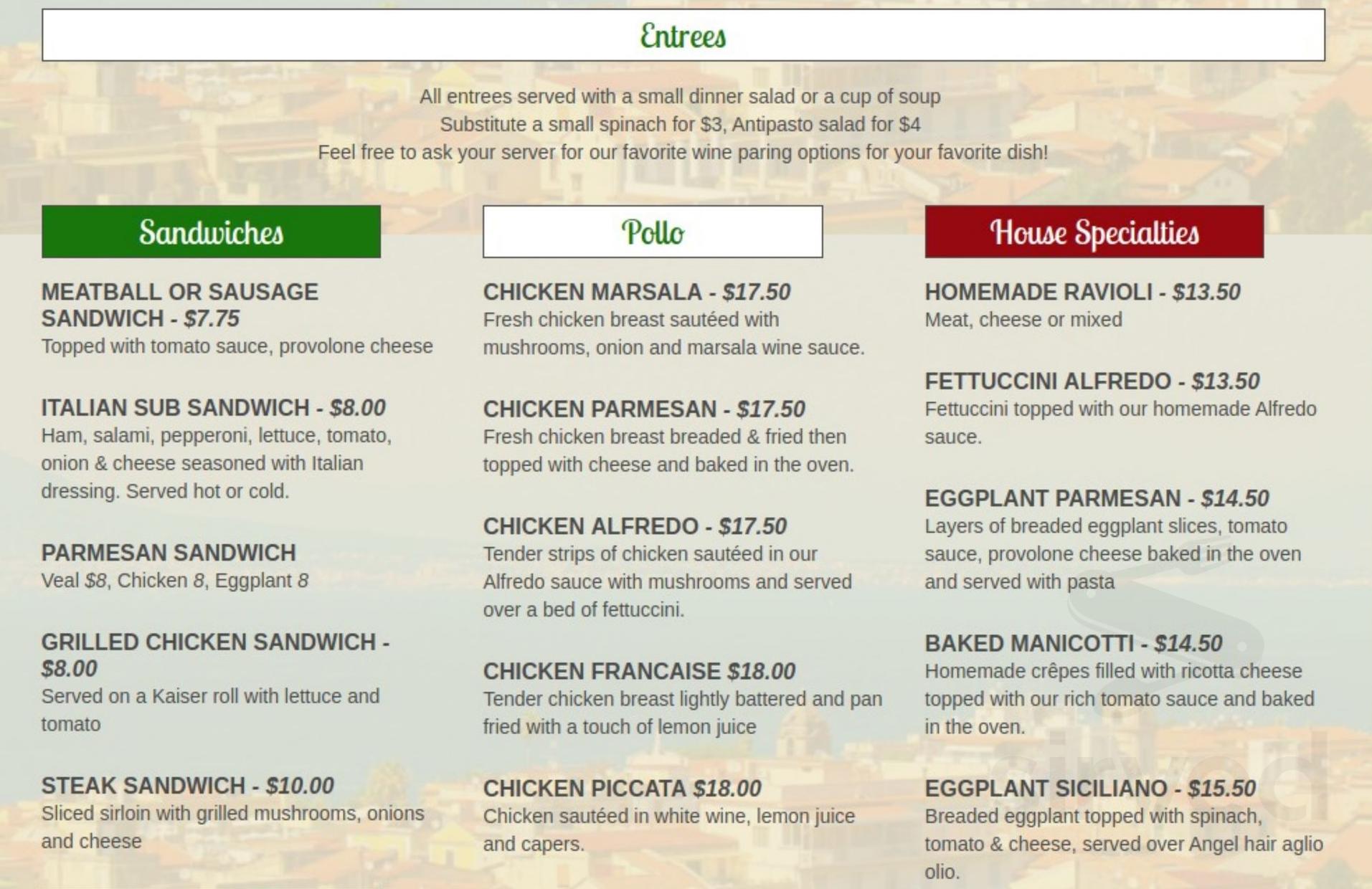 Italian Village Restaurant menu in Strongsville, Ohio, USA