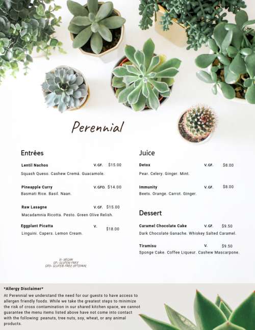 Perennial Restaurant menu in Waukesha, Wisconsin, USA
