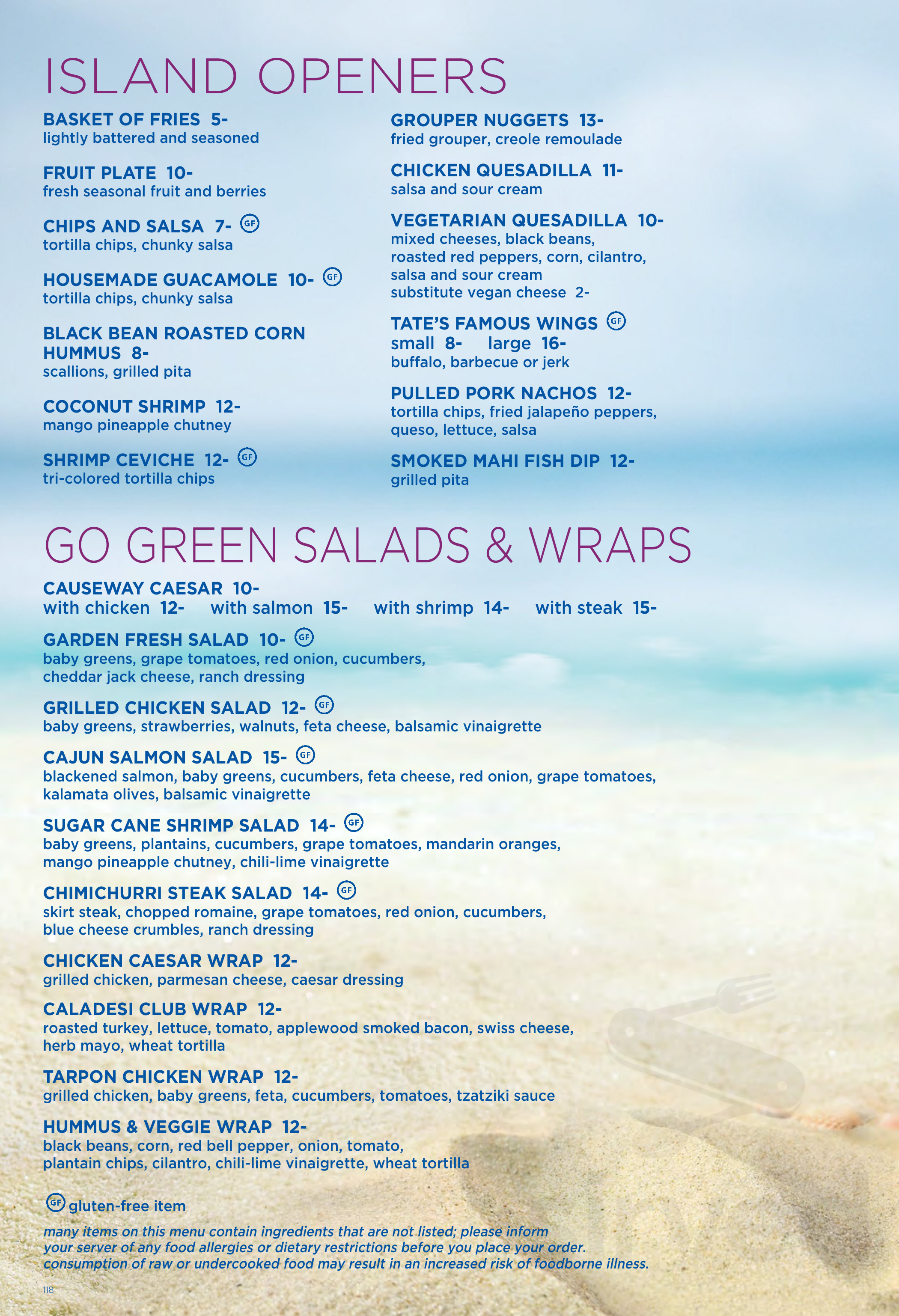 Tate Island Grill menu in Clearwater, Florida, USA