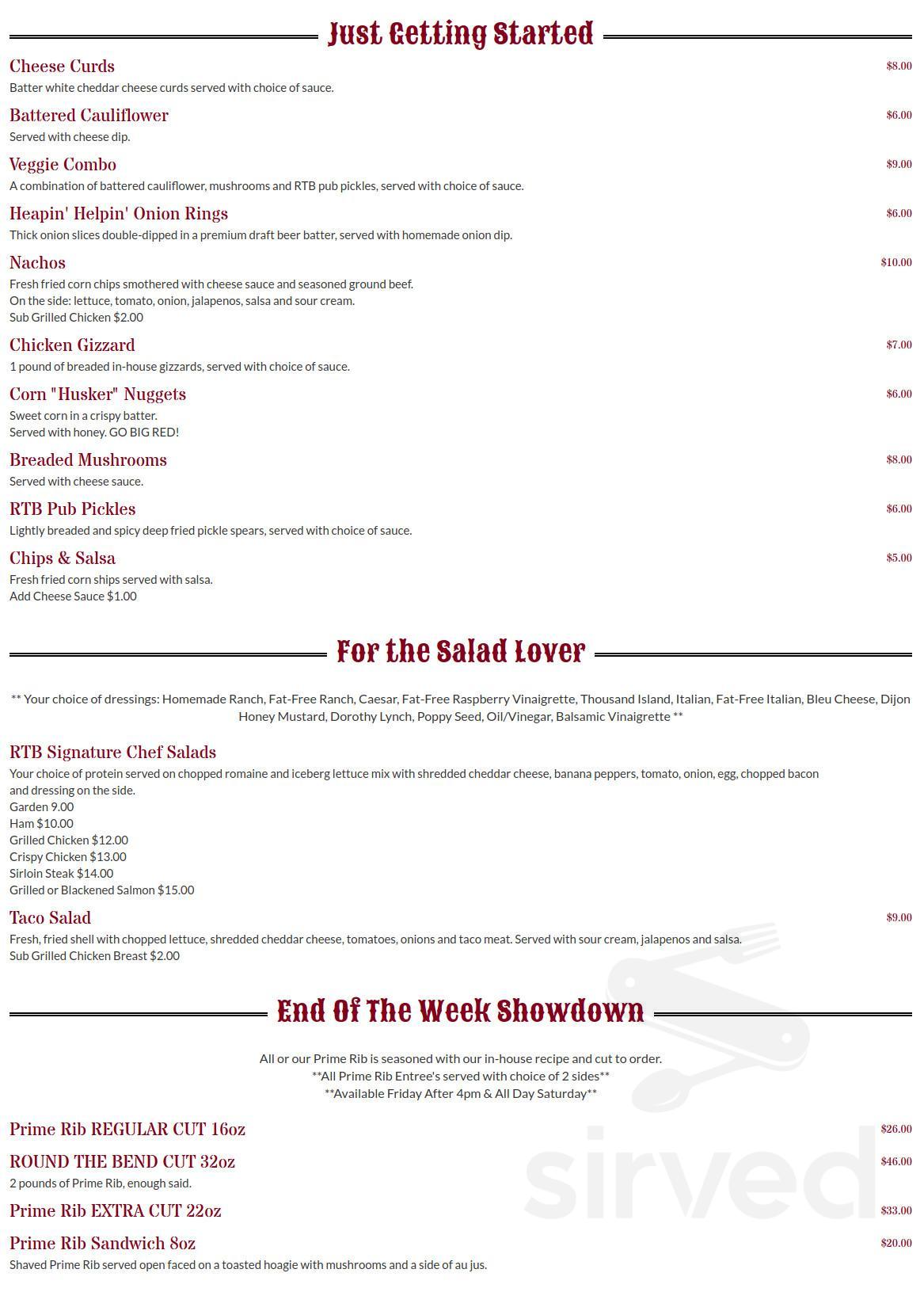 Round the Bend Steakhouse menu in Ashland, Nebraska, USA
