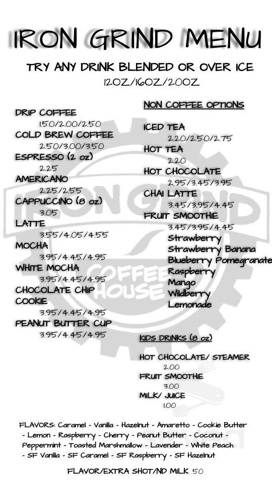 Iron Grind Coffee House menu in Auburn, Michigan, USA