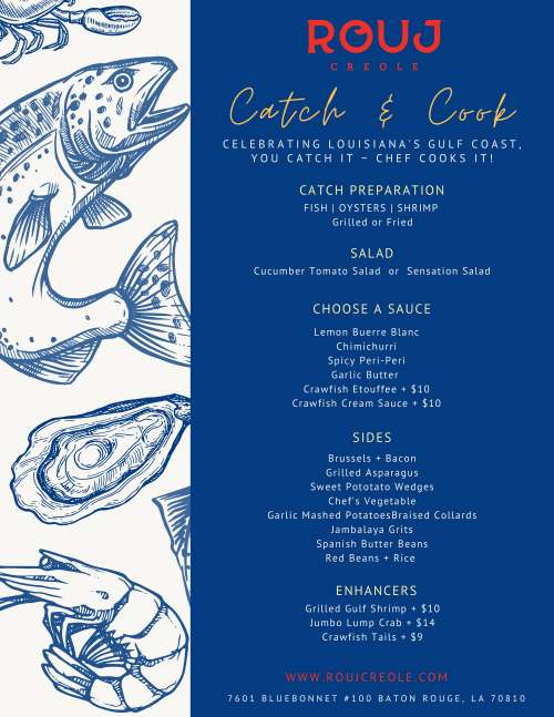 Rouj Creole menu in Baton Rouge, Louisiana, USA