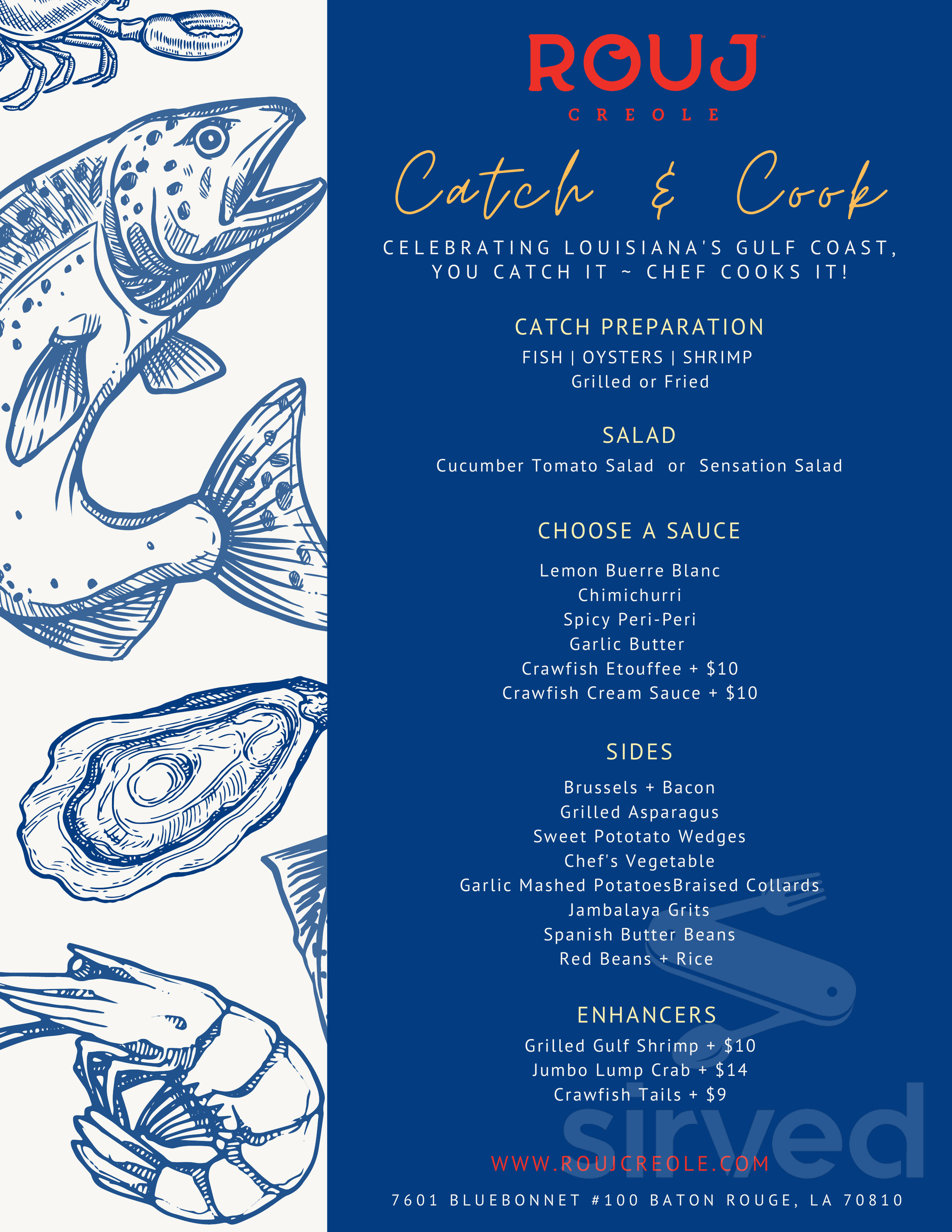 Rouj Creole menu in Baton Rouge, Louisiana, USA