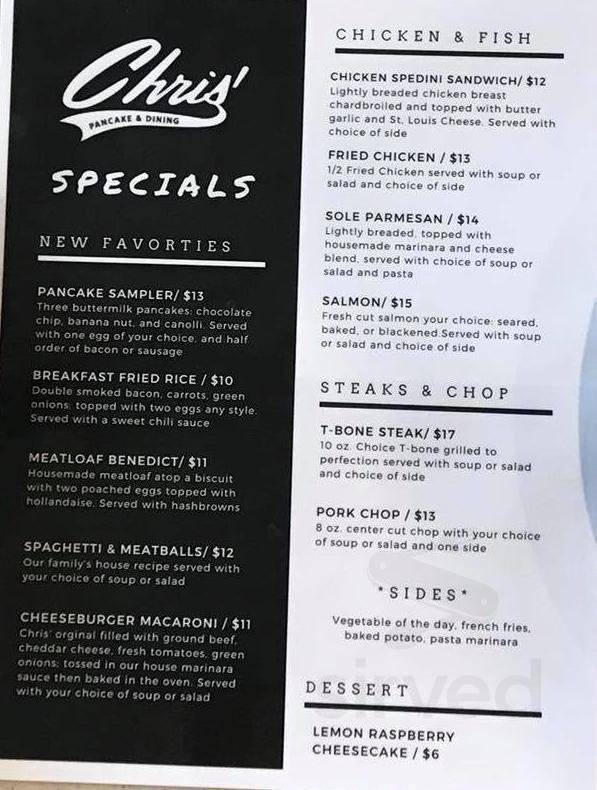Chris' Pancake & Dining menu in St. Louis, Missouri, USA