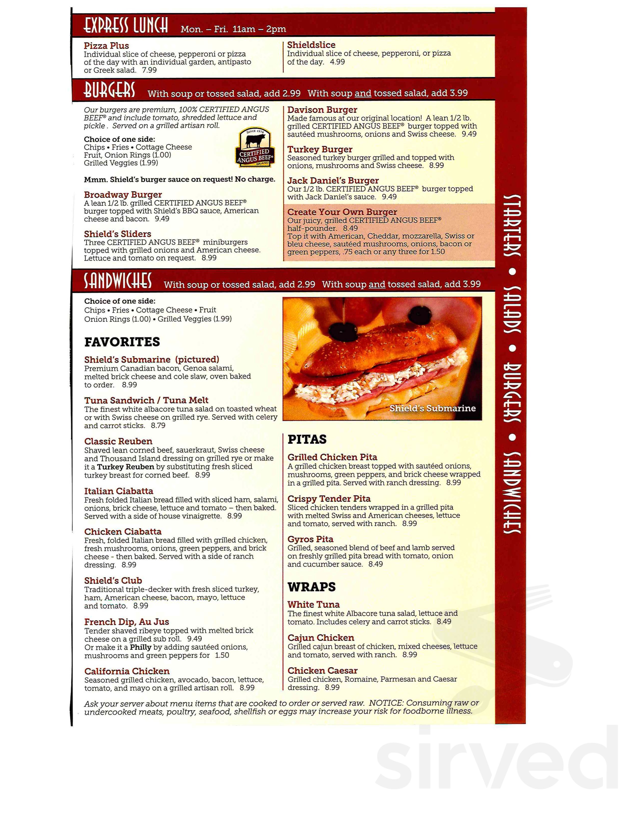 Shield's Restaurant Bar Pizzeria menu in Southfield, Michigan, USA