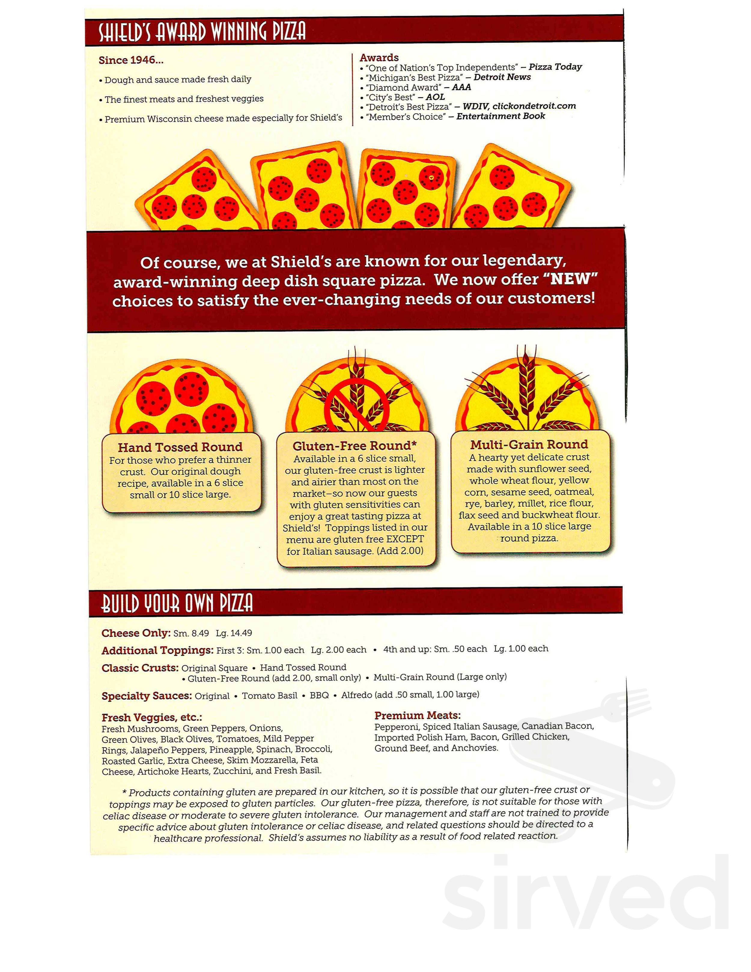 Shield's Restaurant Bar Pizzeria menu in Southfield, Michigan, USA