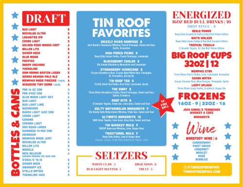 Tin Roof menu in Memphis, Tennessee, USA